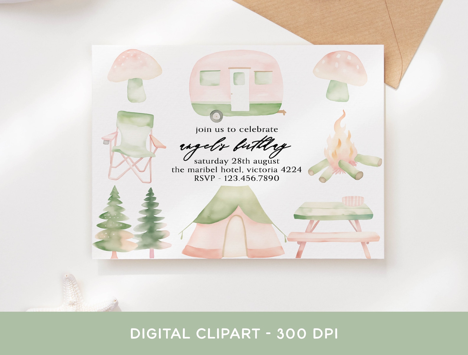 Pink Green Camping Clipart Bundle, Watercolor Adventure Camper Tent ...