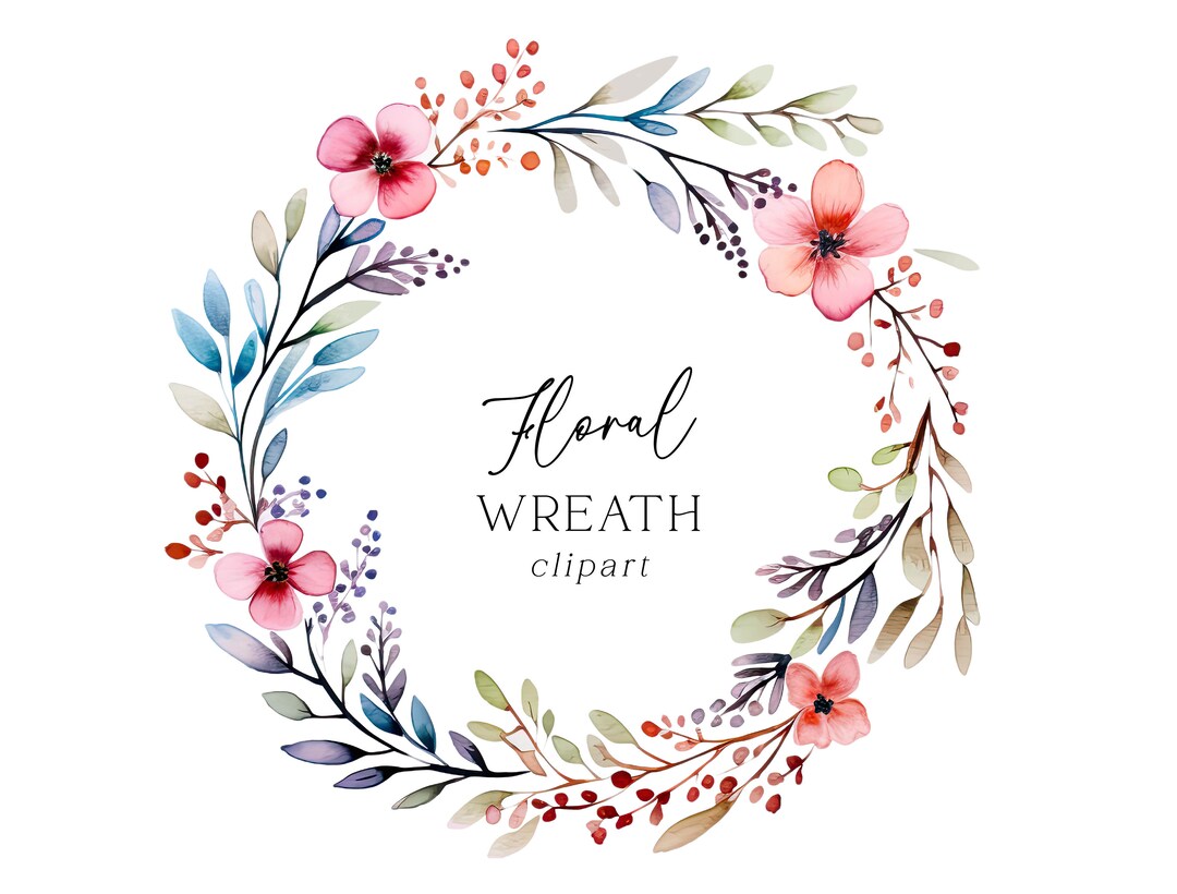 Botanical Wreath Clipart - Watercolor Wildflower Floral PNG in Pink ...