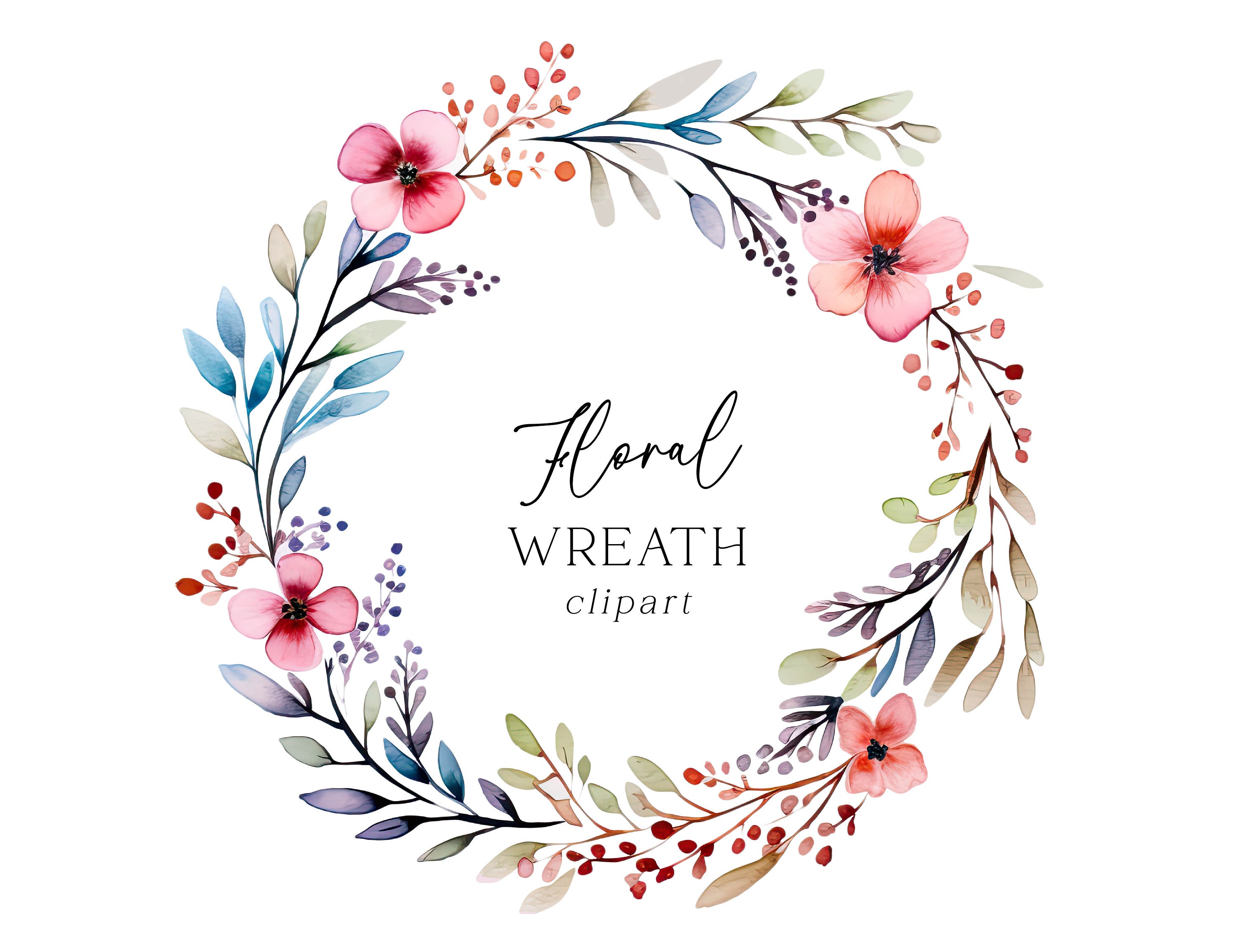 Botanical Wreath Clipart Watercolor Wildflower Floral PNG in Pink ...