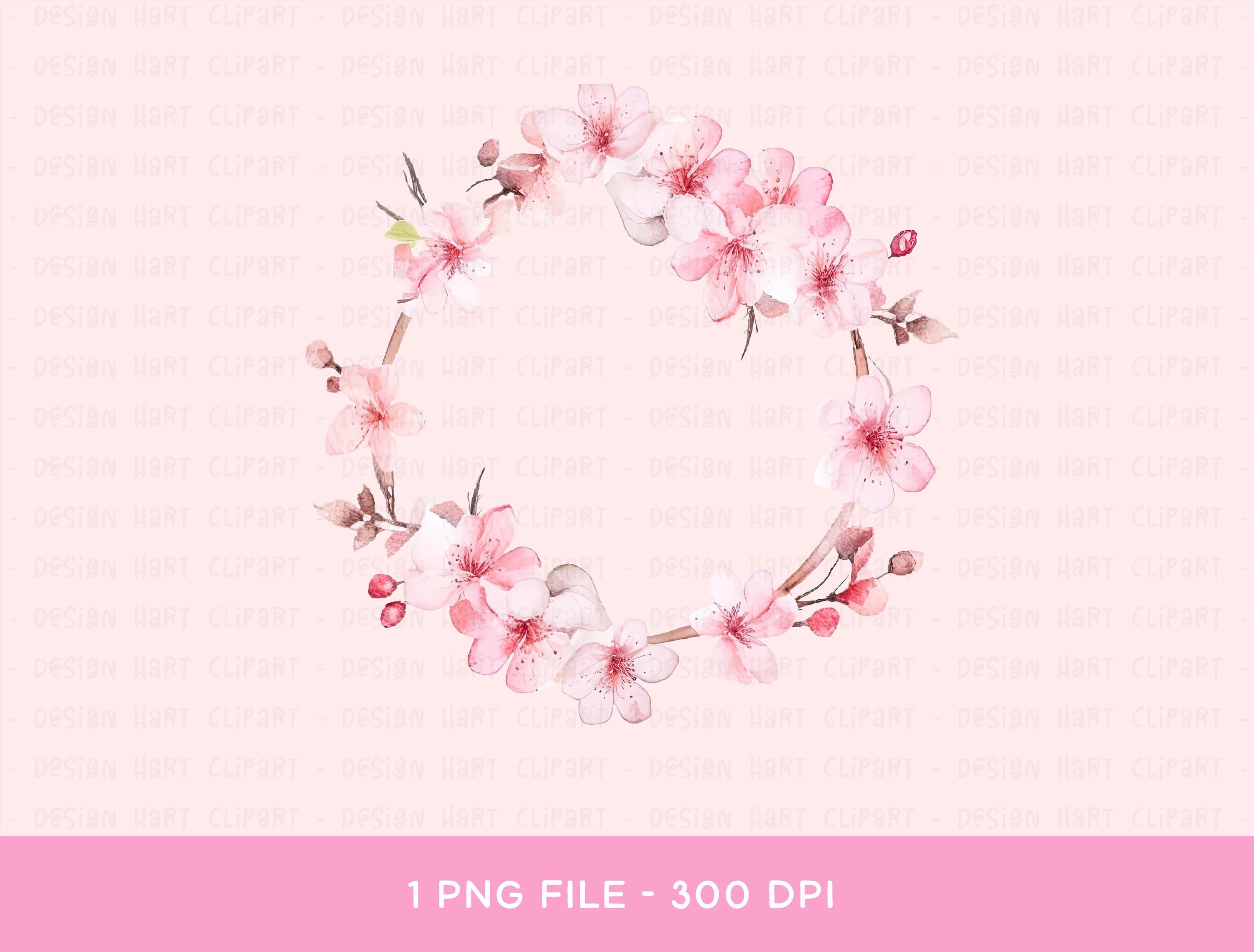 Blossom Wreath Clipart, Watercolor Cherry Pink Floral PNG Digital ...
