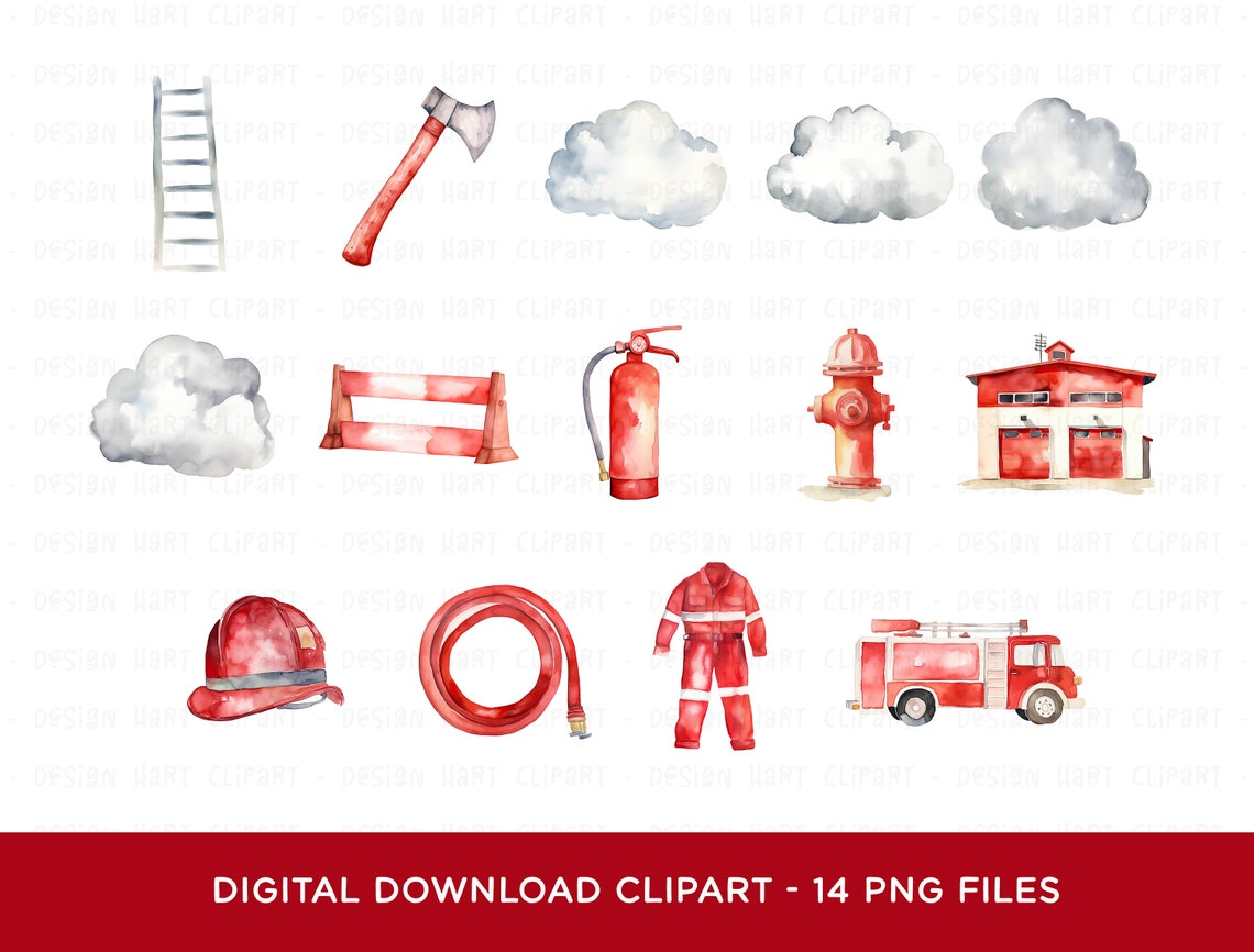 Firefighter Clipart Bundle, Watercolor Fireman Firetruck Clip Art PNG ...