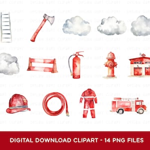 Firefighter Clipart Bundle, Watercolor Fireman Firetruck Clip Art PNG ...