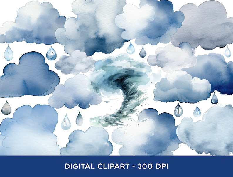 Clouds Clipart Bundle, Watercolor Rain Drops, Weather Icons PNG ...