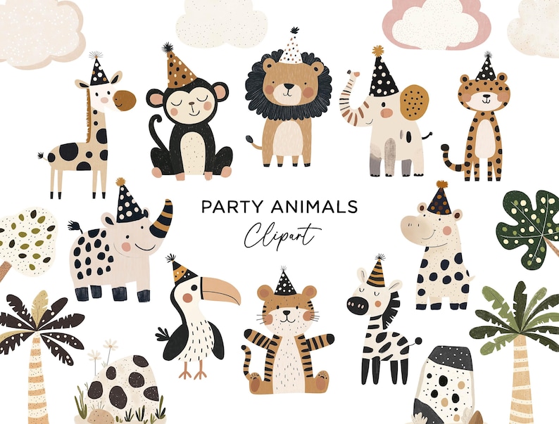 Party Animals Clipart Bundle, Painted Boho Safari Jungle Zoo Animals ...