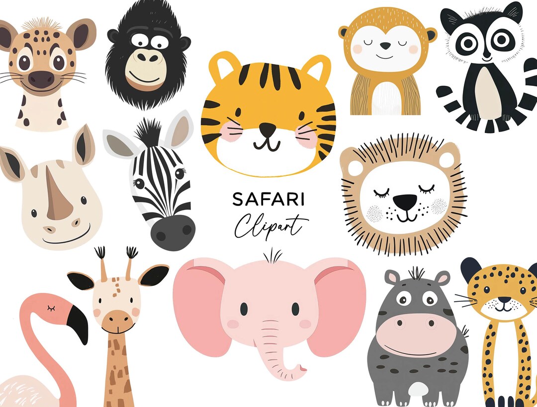 Safari Jungle Animal Heads Clipart Bundle, PNG Clipart Tiger Lion Zebra ...