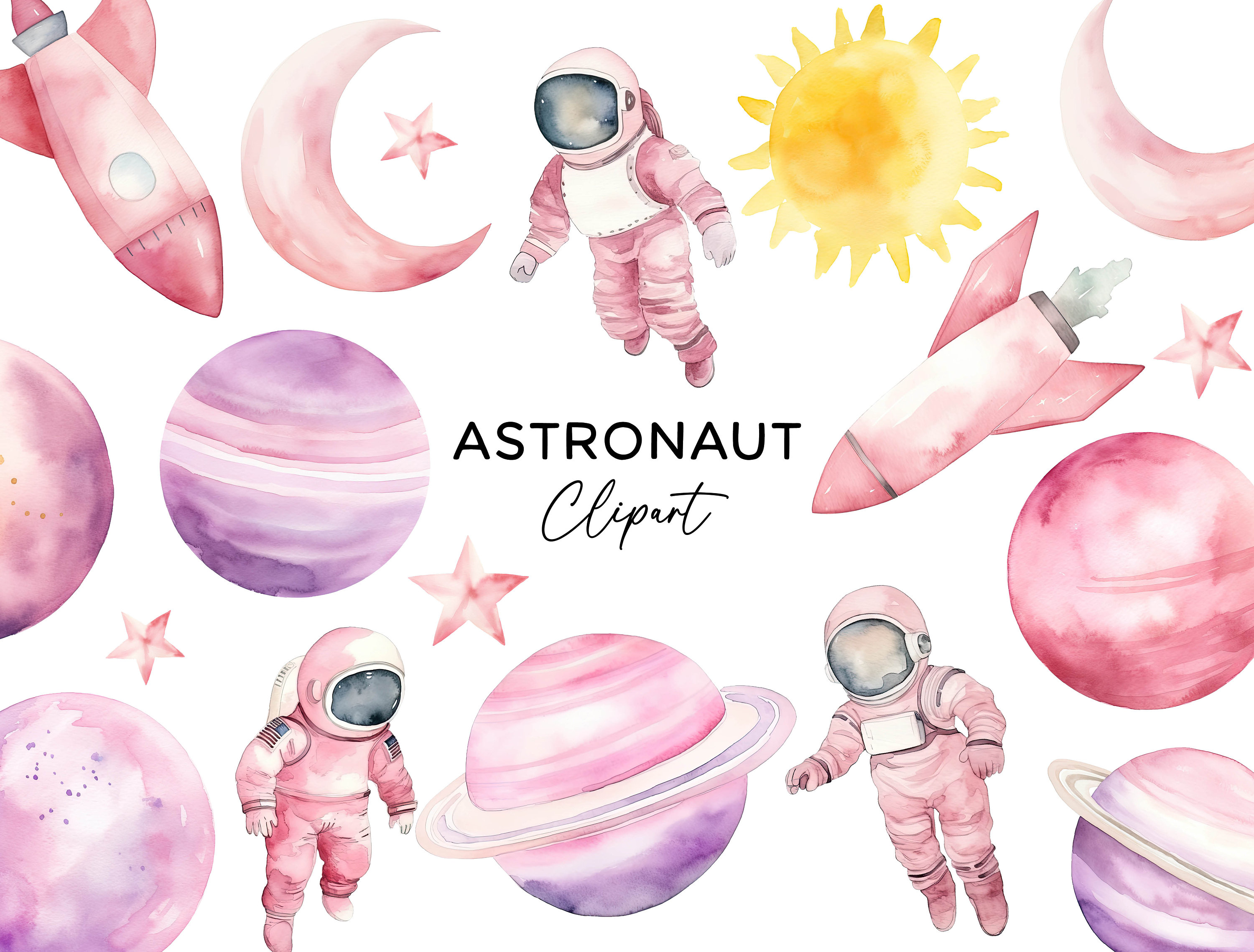 Astronaut Clipart Bundle, Watercolor PNG Girls Pink Digital Download ...