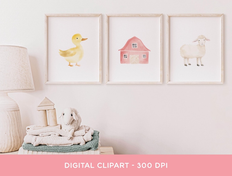 Farm Animal Clipart Bundle, Watercolor Pink Barnyard Pig Cow Horse ...