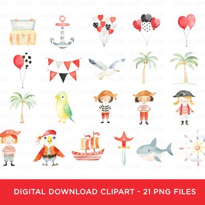 Pirate Clipart Set, Watercolor PNG Graphics Commercial Use Pirate Party ...