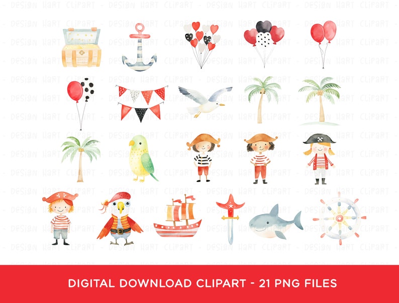 Pirate Clipart Set, Watercolor PNG Graphics Commercial Use Pirate Party ...