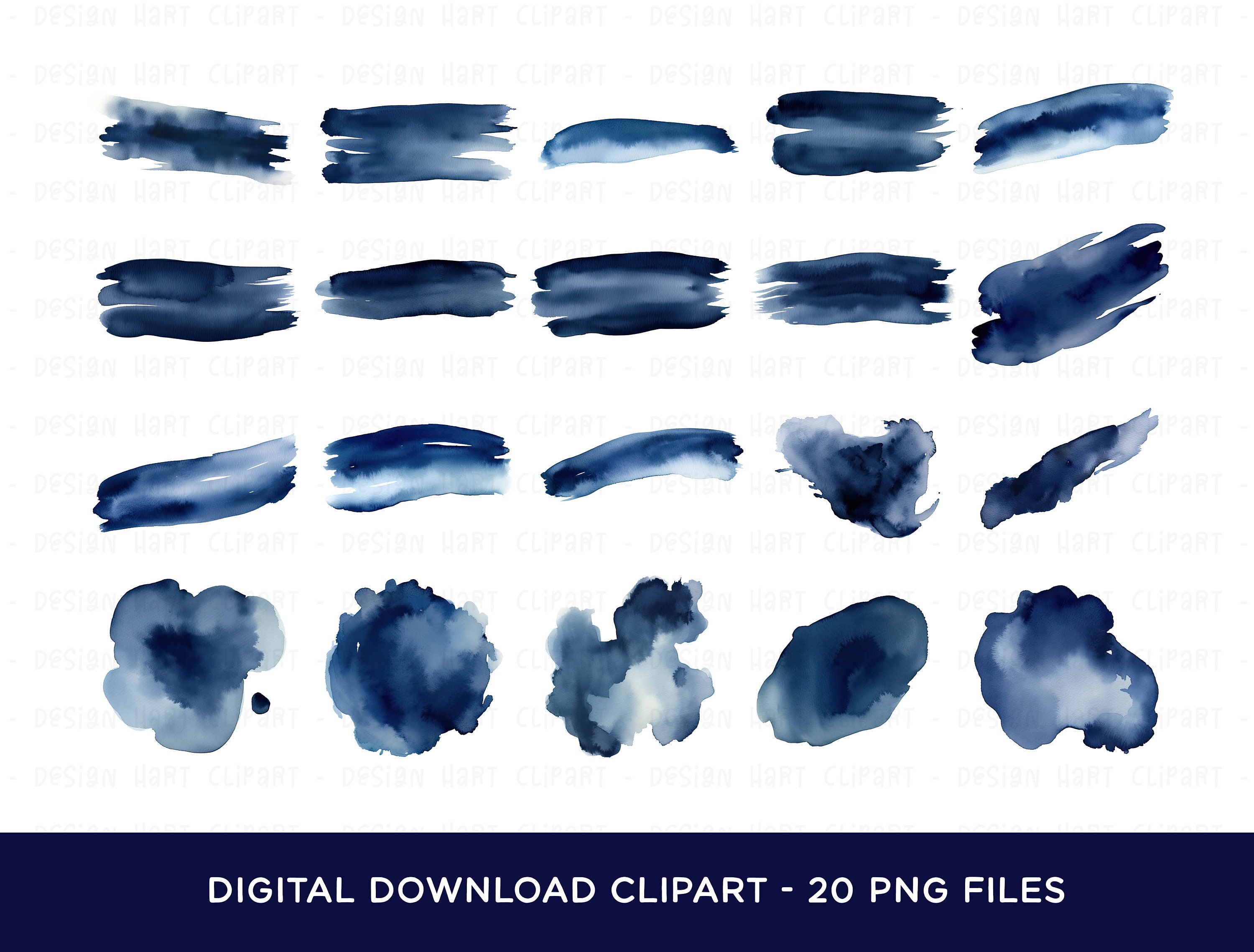 Brush Stroke Clipart Bundle - Watercolor Dark Navy Blue Smudge Stain ...