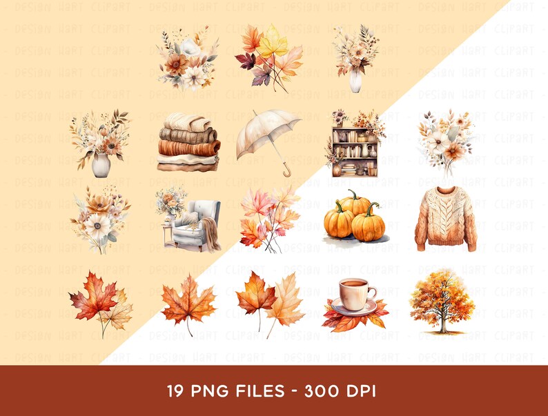 Autumn Clipart Bundle, Watercolor Fall Decor Pumpkin Leaves Boho ...