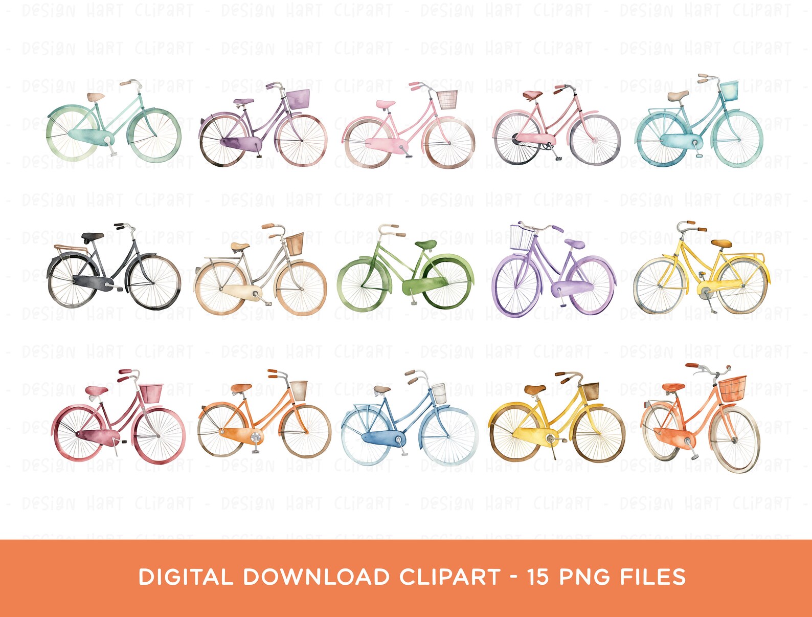 Bicycle Clipart Bundle Set, Watercolor Colorful Pastel Bike PNG Digital ...