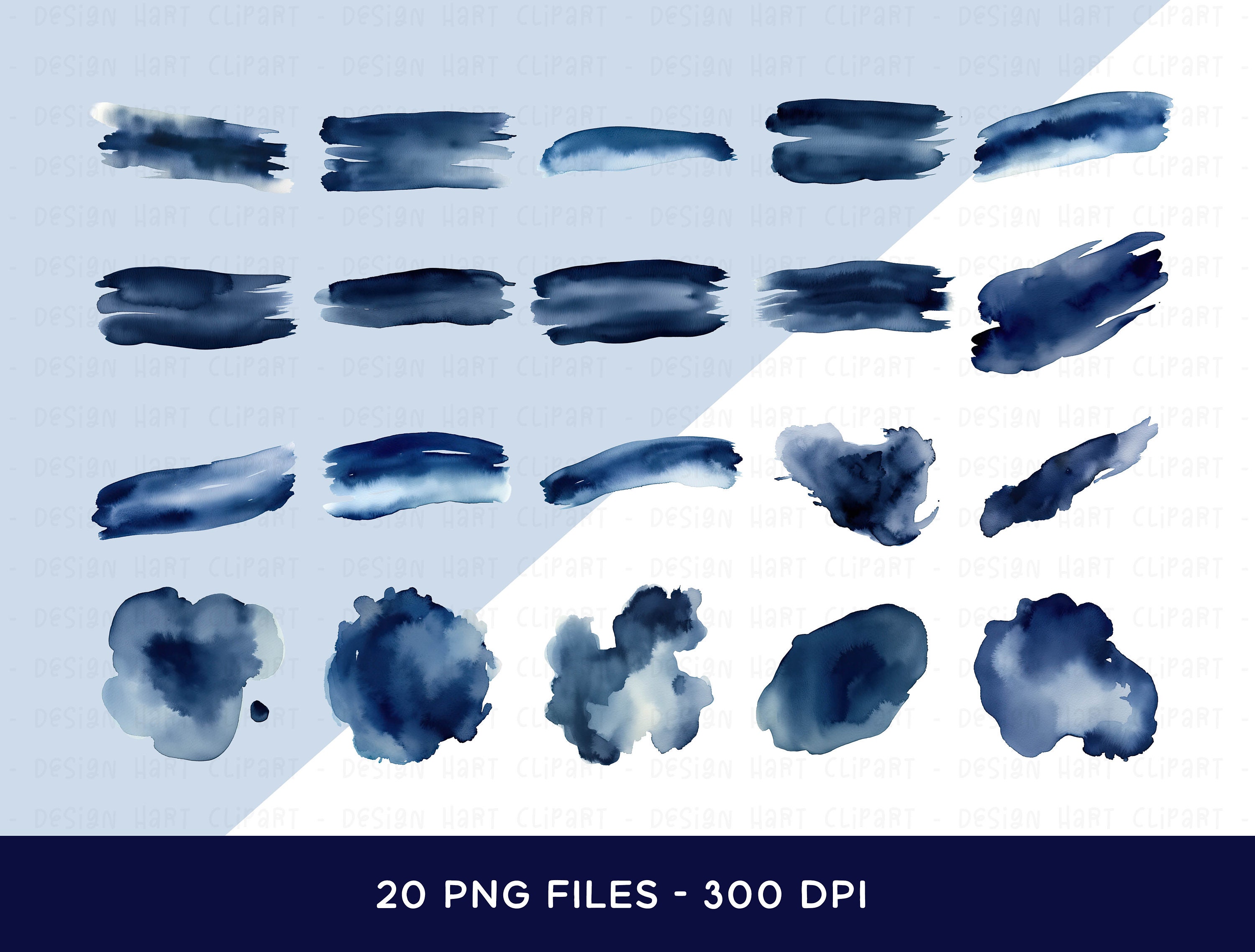 Brush Stroke Clipart Bundle Watercolor Dark Navy Blue Smudge Stain PNG ...