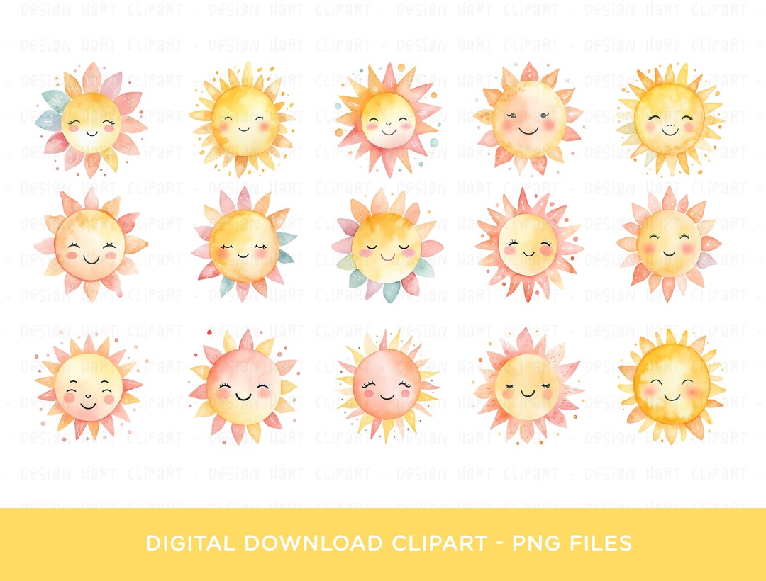 Watercolor Sun Clipart Bundle, Smiling Happy Sun, PNG Sublimation ...
