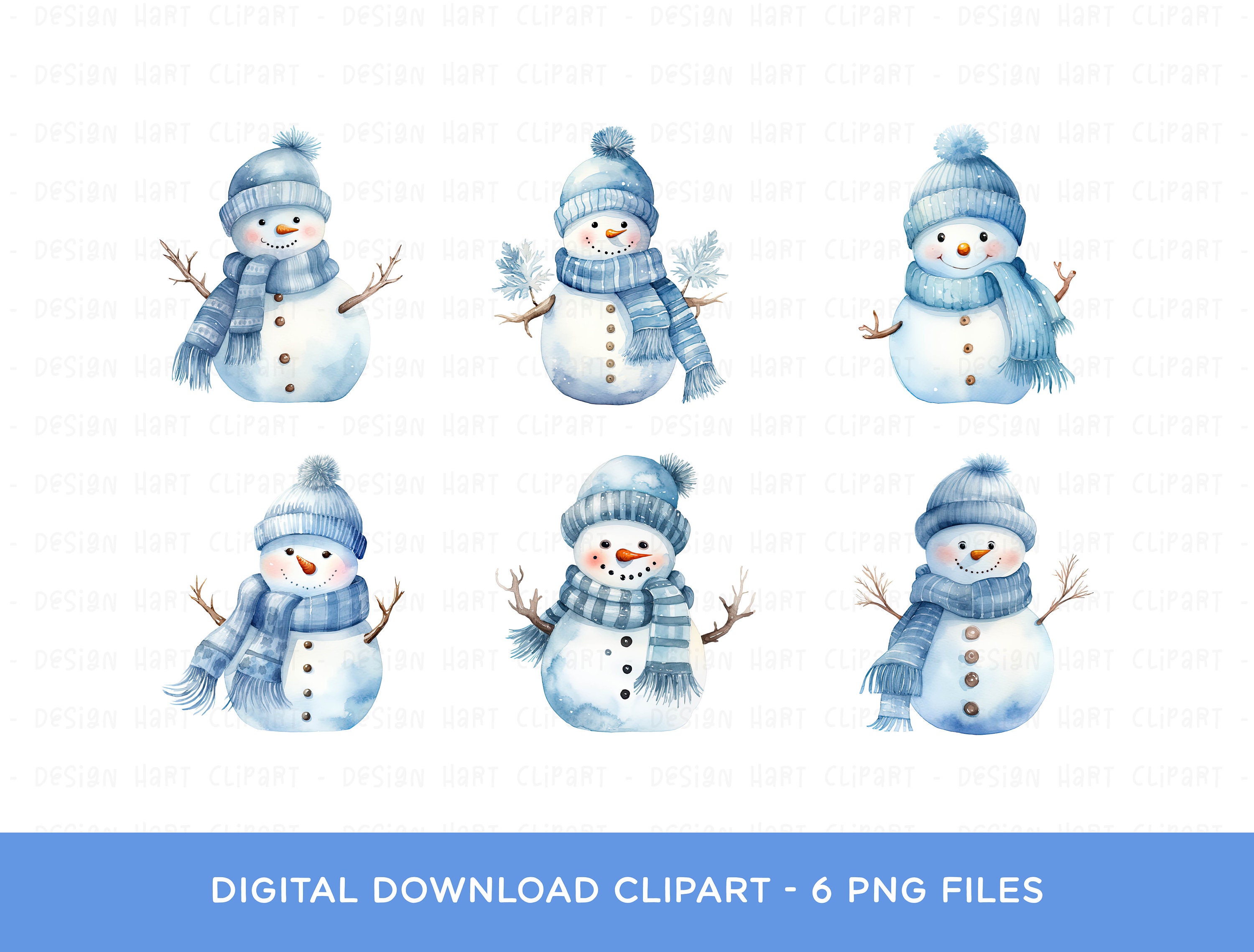 Snowman Clipart Bundle, Watercolor Blue Scarf Winter Holiday Christmas ...