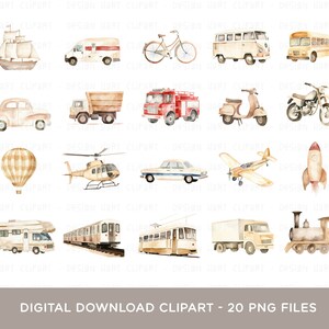 Transport Clipart Bundle Set, Watercolor Bus Car Plane Train Helicopter ...