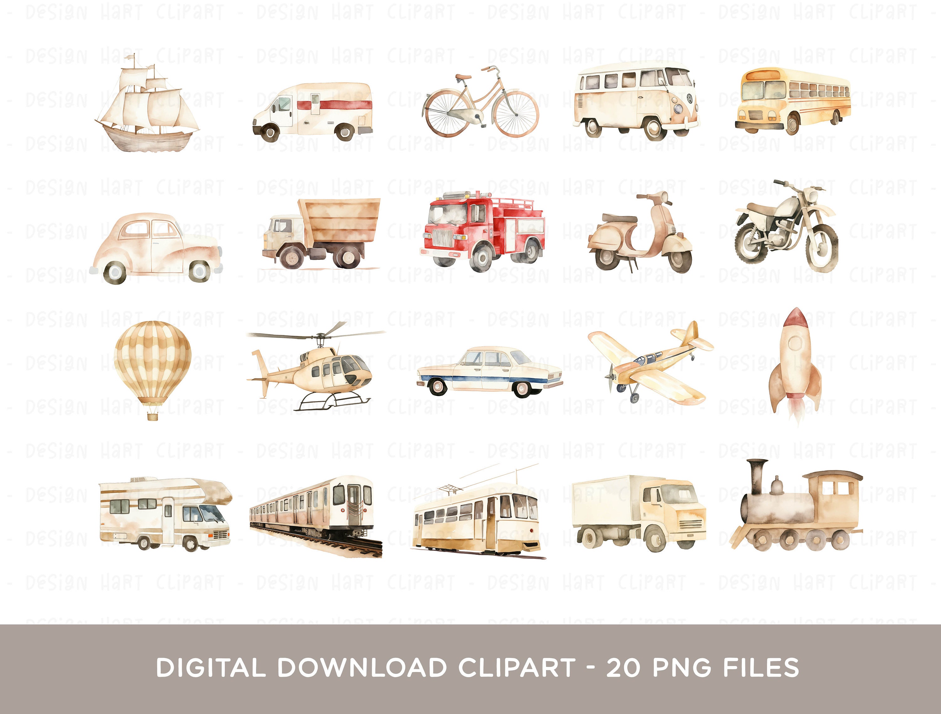 Transport Clipart Bundle Set, Watercolor Bus Car Plane Train Helicopter ...