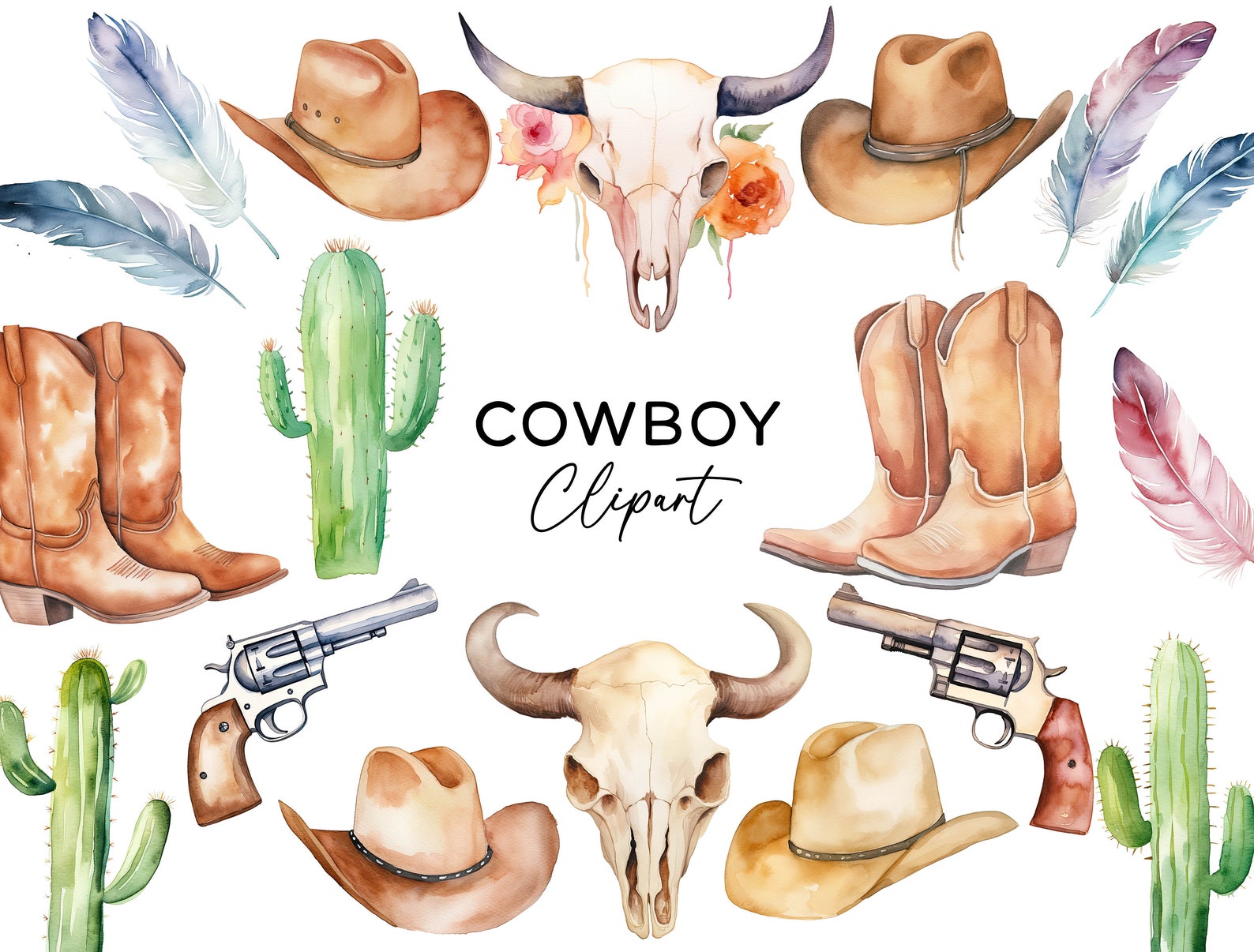 Cowboy Clipart Bundle, Watercolor Rodeo Western Boots Cactus Pistol Cow ...