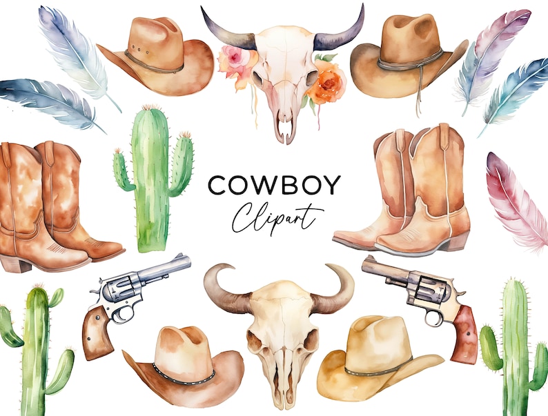 Cowboy Clipart Bundle, Watercolor Rodeo Western Boots Cactus Pistol Cow ...