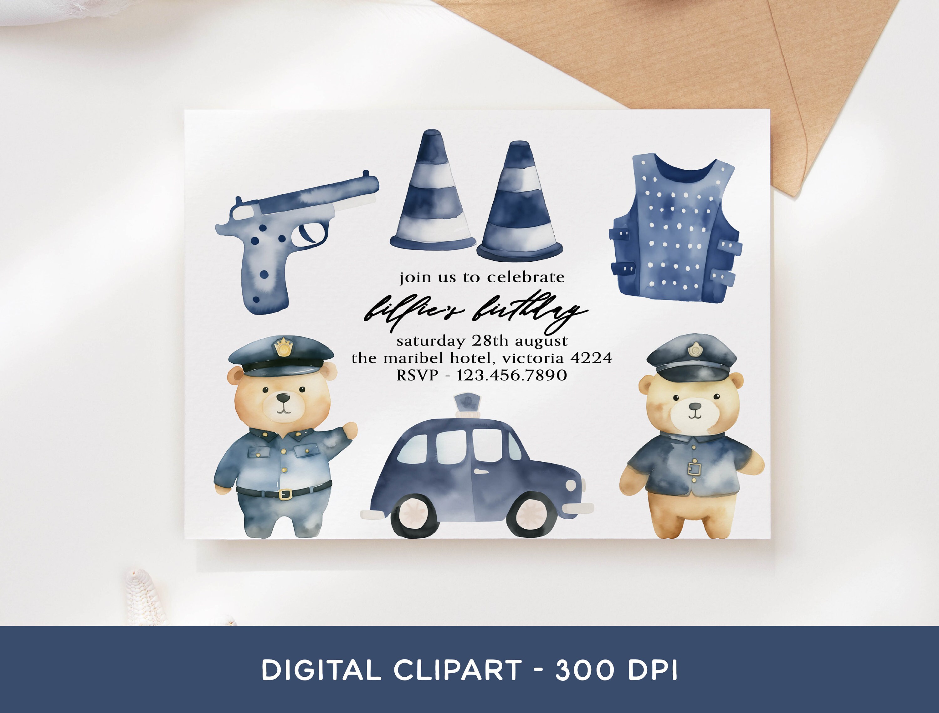 Police Bear Clipart Bundle, Watercolor Teddy Bear Policeman Car Gun ...