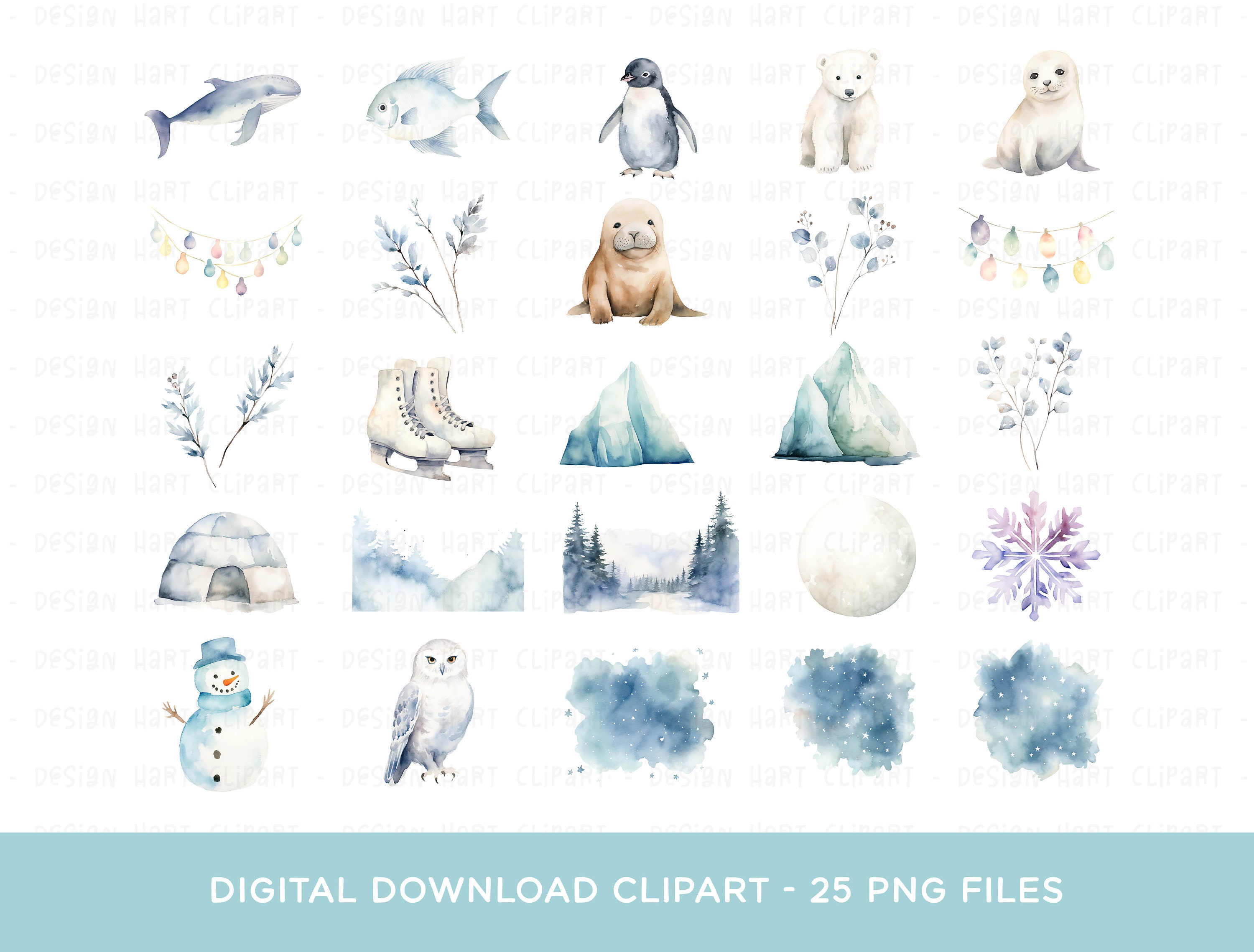 Arctic Animals Clipart Bundle Watercolor Seal Penguin Whale Iceberg PNG ...