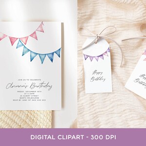 Bunting Clipart Bundle, Watercolor Pastel Flag PNG Digital Download ...