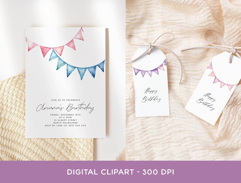 Bunting Clipart Bundle, Watercolor Pastel Flag PNG Digital Download ...