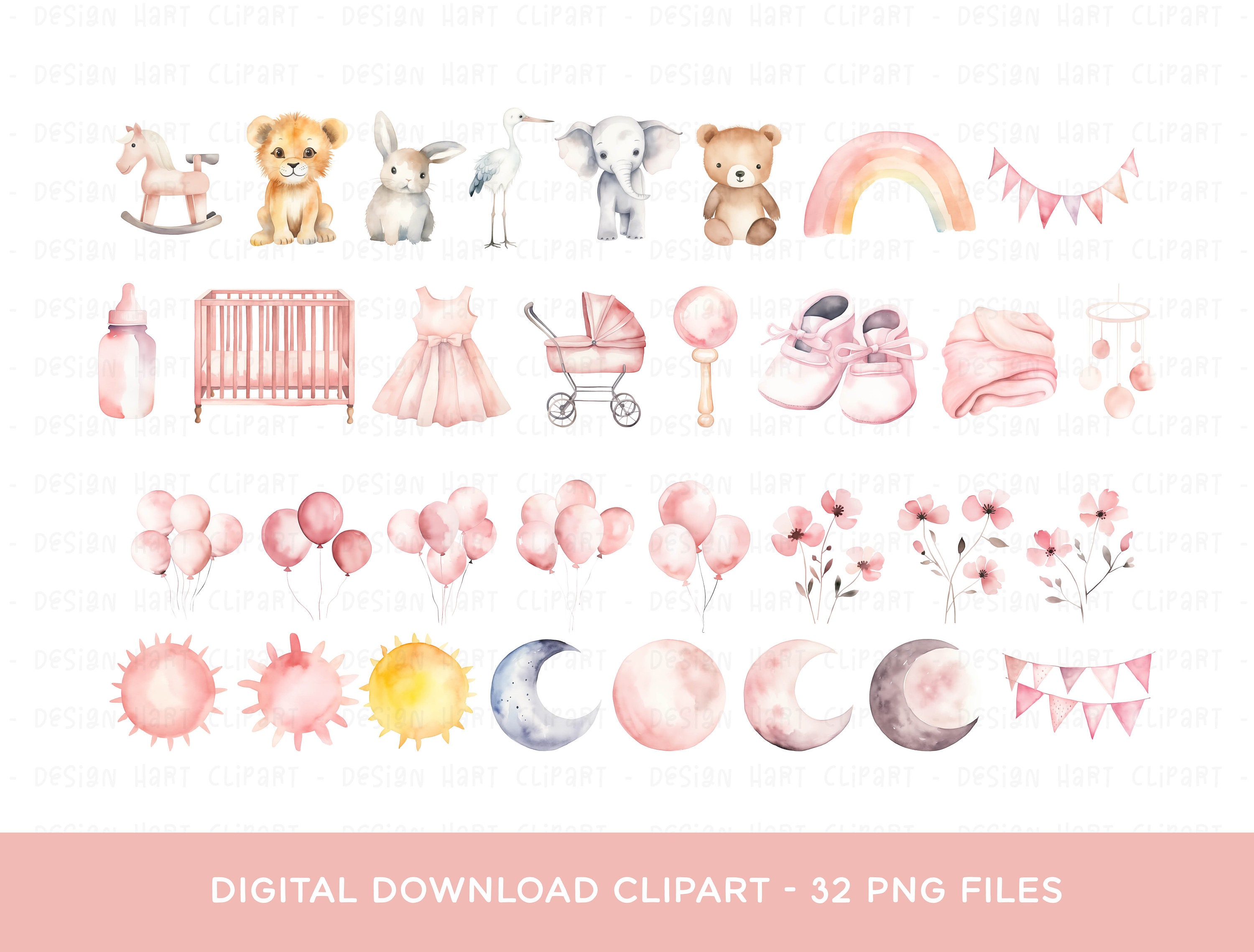 Baby Girl Clipart Bundle, Watercolor Baby Shower Pastel Pink Pram Cot ...