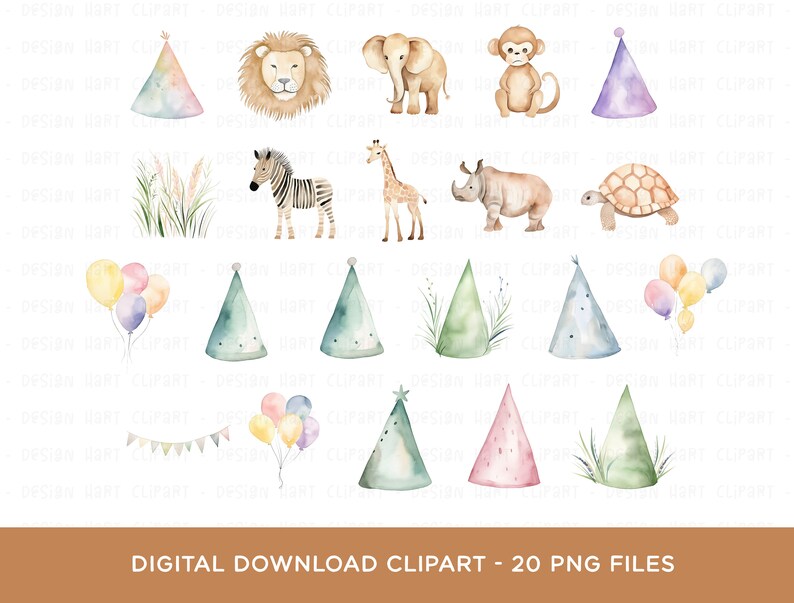 Party Animals Clipart Bundle, Watercolor Safari Jungle Zoo Animals With ...