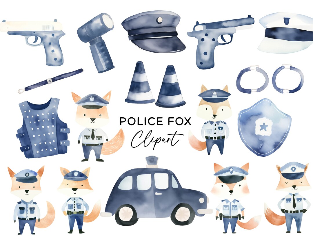 Police Fox Clipart Bundle, Watercolor Fox Animal Policeman Car Gun ...