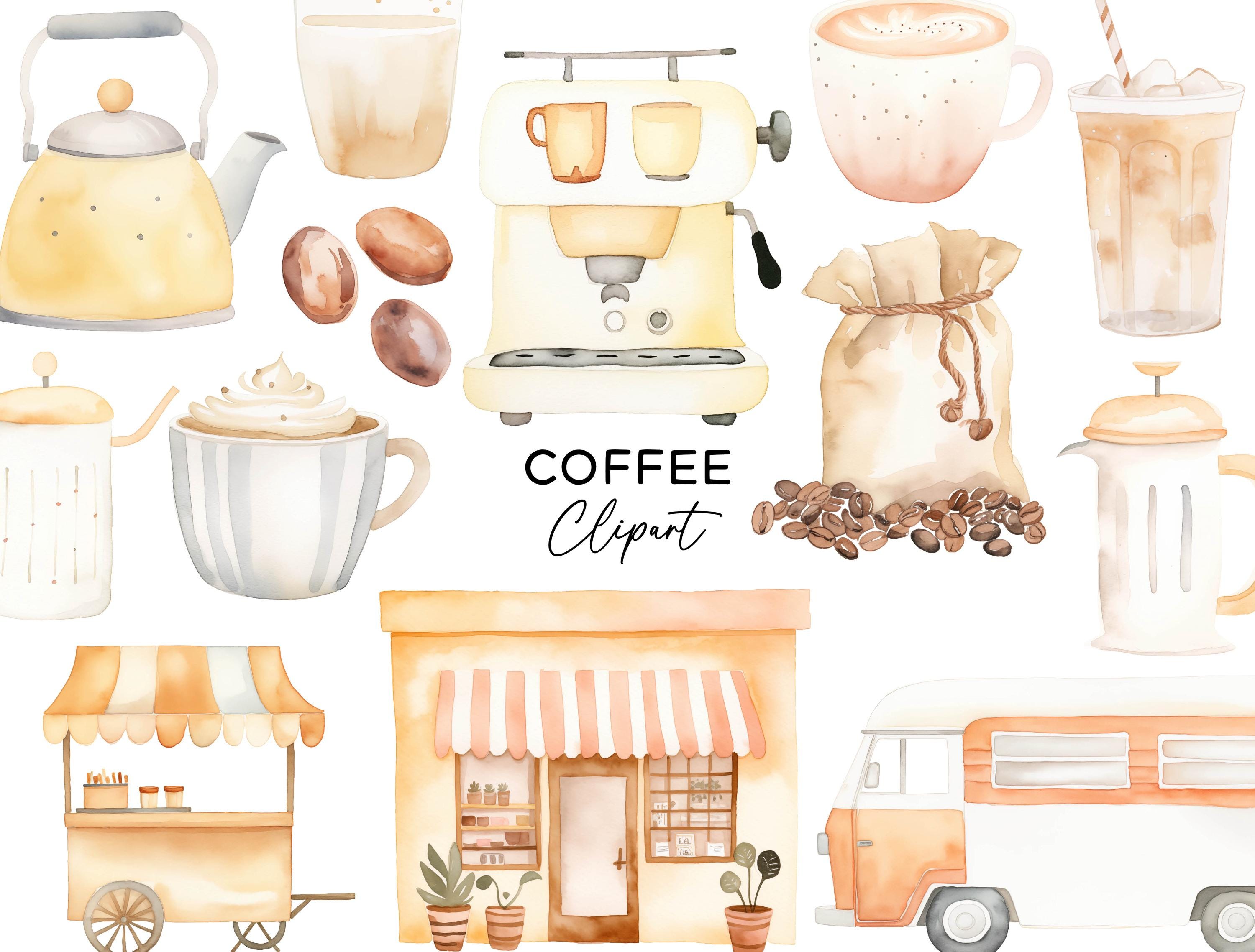 Coffee Clipart Bundle, PNG Digital Download Watercolor Coffee Supplies ...