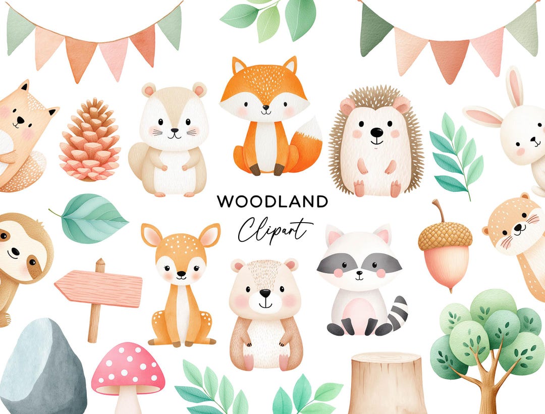 Woodland Animals Watercolor Clipart, Forest PNG Bundle Cute Fox Bear ...
