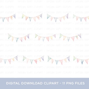 Bunting Clipart Bundle, Watercolor Pastel Party Banner Rainbow PNG ...
