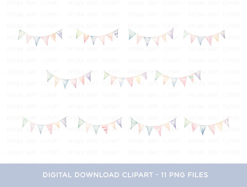 Bunting Clipart Bundle, Watercolor Pastel Party Banner Rainbow PNG ...