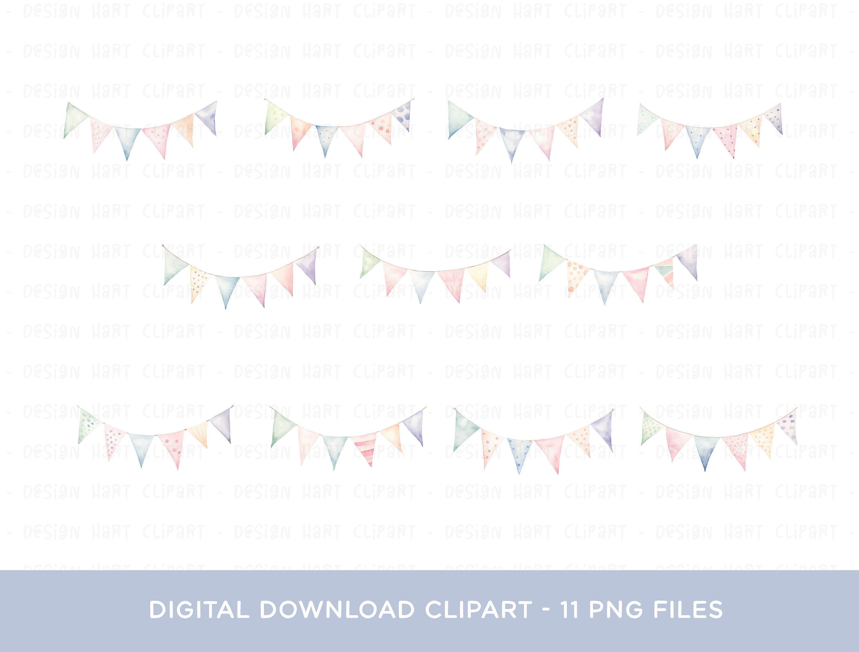 Bunting Clipart Bundle, Watercolor Pastel Party Banner Rainbow PNG ...