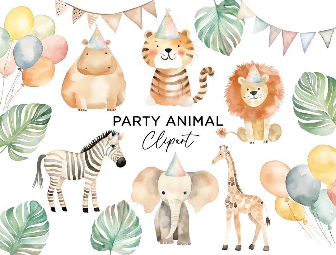 Party Animals Clipart Bundle, Watercolor Safari Jungle Zoo Animals With ...