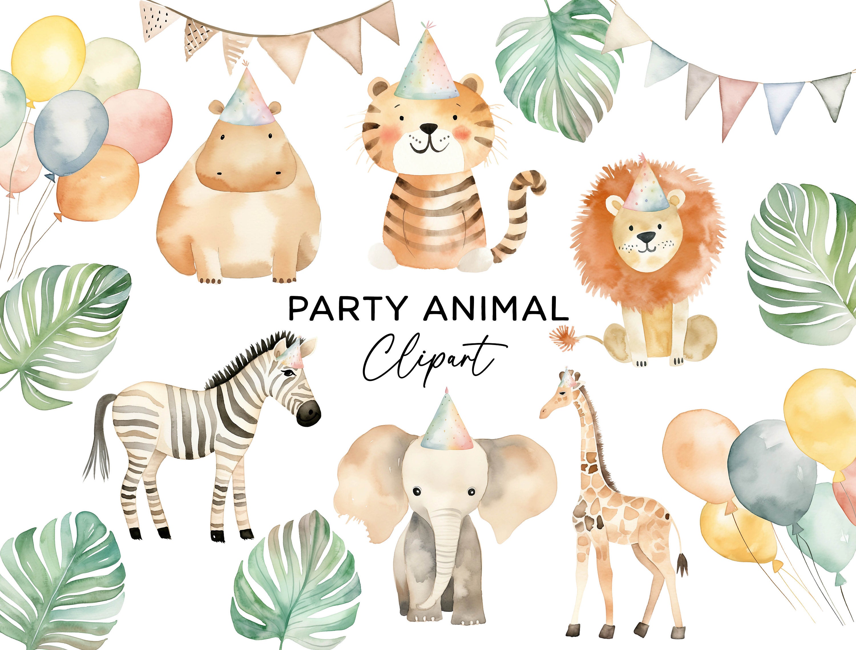 Party Animals Clipart Bundle, Watercolor Safari Jungle Zoo Animals With ...
