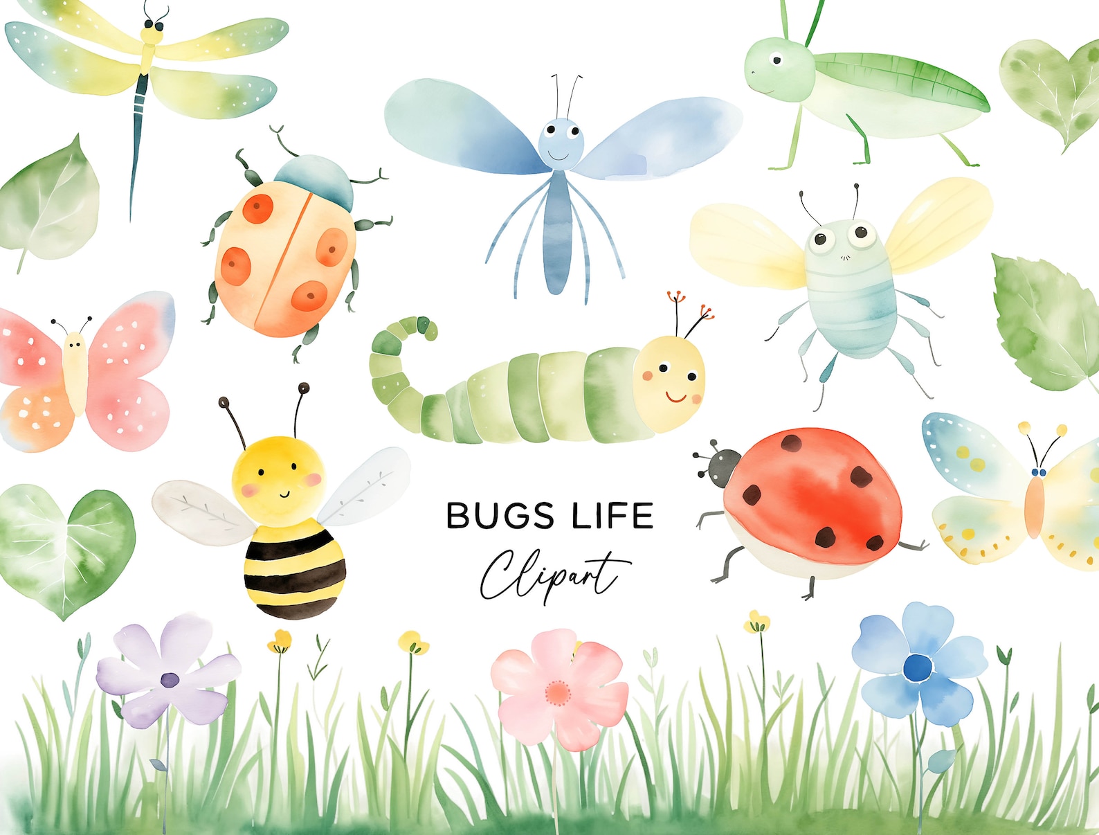 Bugs Clipart Bundle, Cute Ladybug Bee Grasshopper Moth Butterfly ...