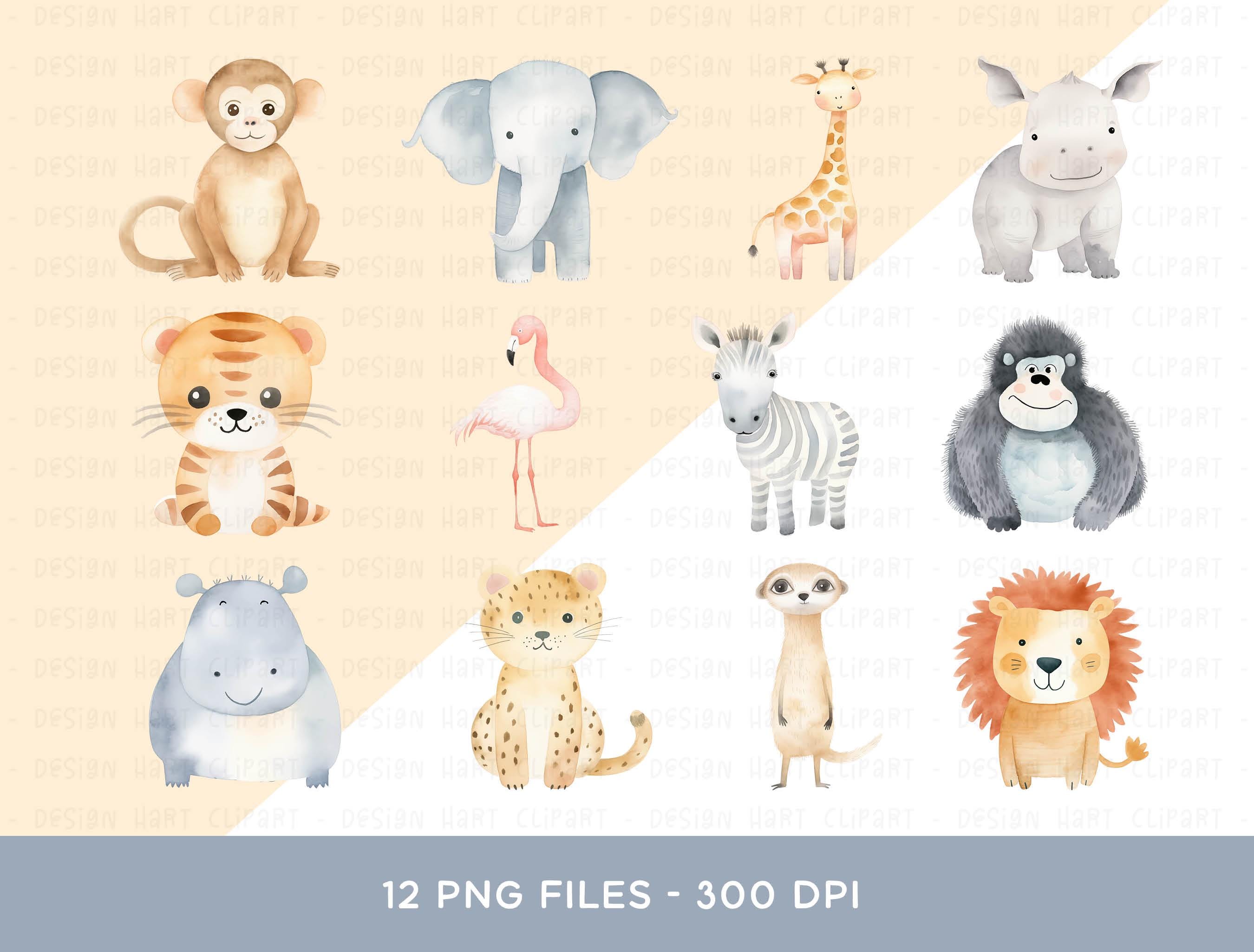 Safari Clipart Bundle, Watercolor Baby Jungle Zoo Animals Tropical ...