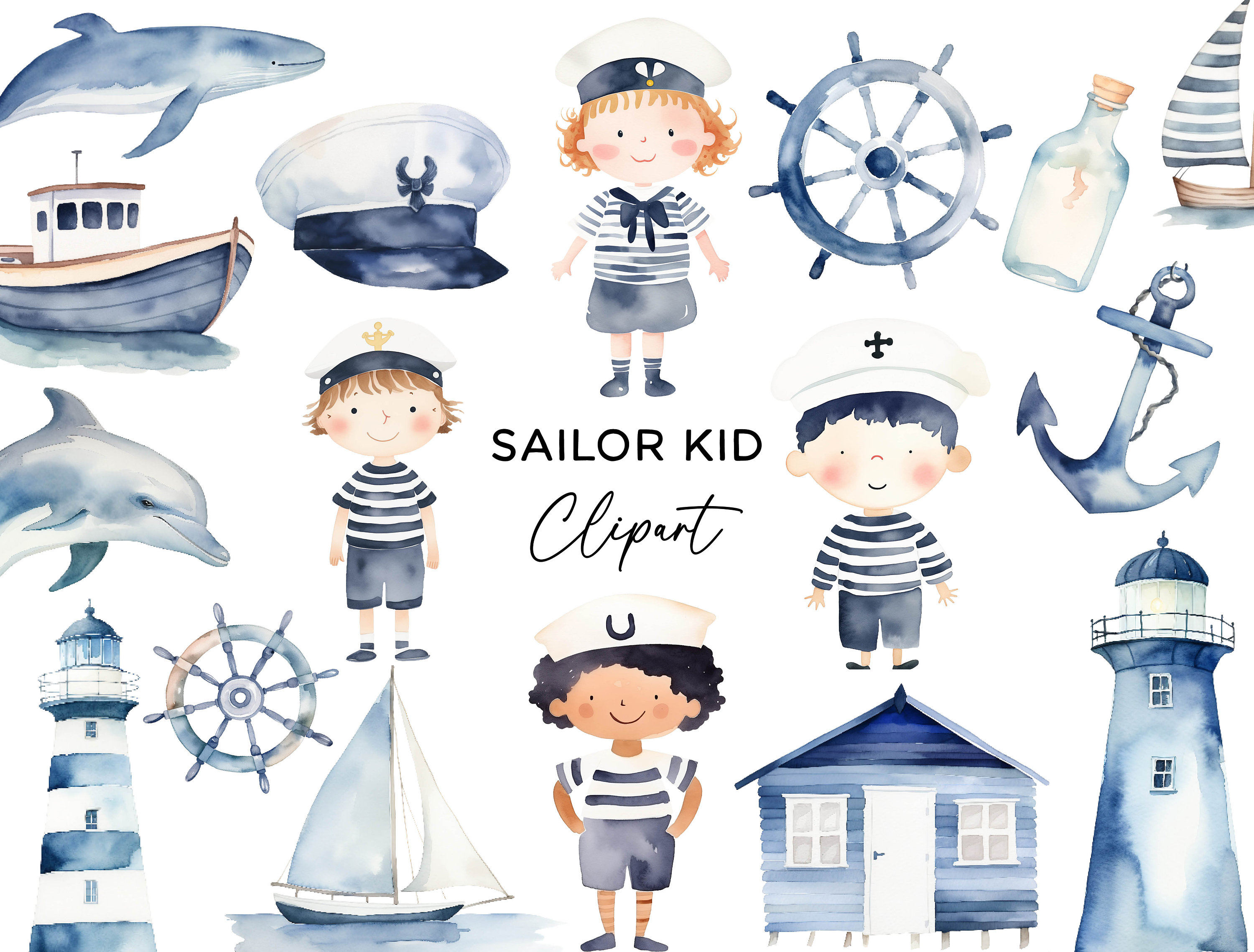 Sailor Kid Clipart Bundle, Watercolor Child Captain Lighthouse Anchor ...