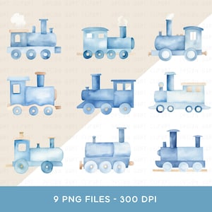 Train Clipart Bundle, PNG Download Watercolor Blue Vintage Classic ...