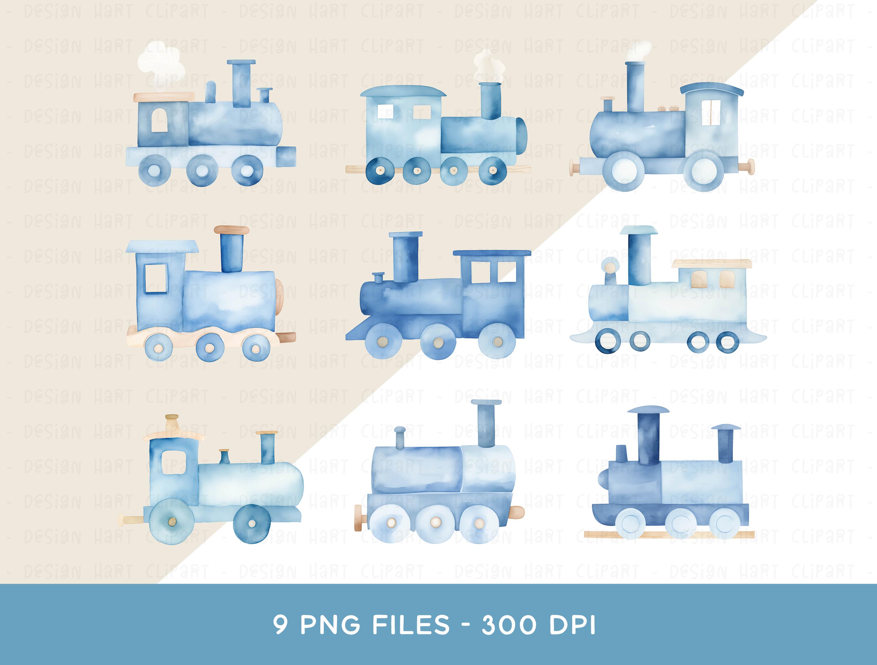 Train Clipart Bundle, PNG Download Watercolor Blue Vintage Classic ...