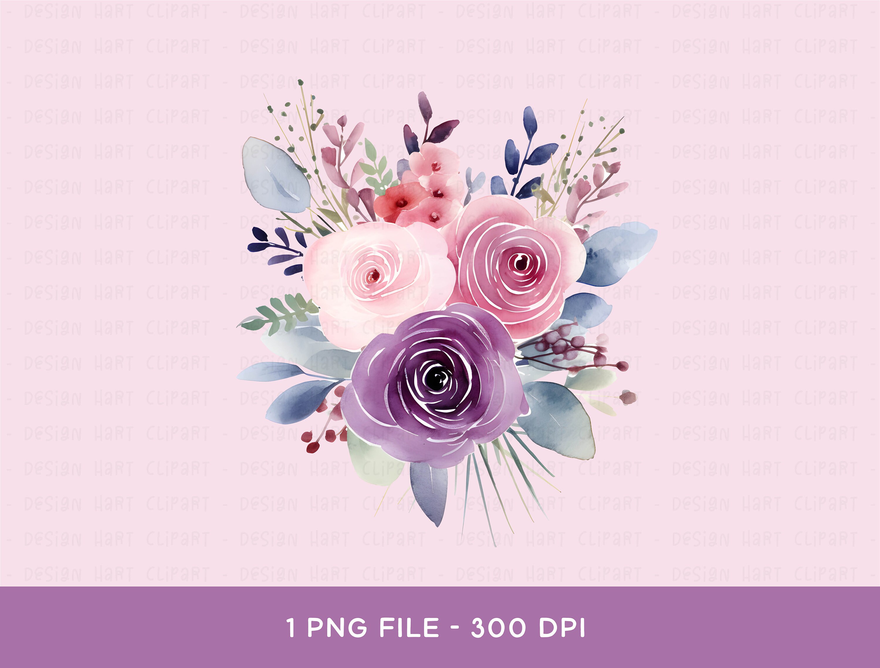 Flower Bouquet Clipart Watercolor Pink Purple Floral Bunch PNG, Digital ...
