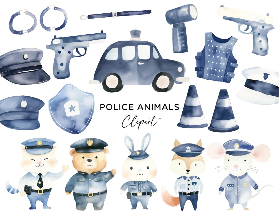 Police Clipart Bundle, Watercolor Animal Policeman Fox Bear Car Gun ...