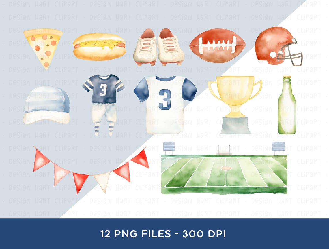 Football Clipart Bundle, PNG Graphics Digital Download Watercolor ...