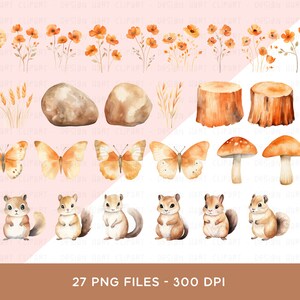 Chipmunk Clipart Bundle, Watercolor Woodland Animals PNG for Kids ...