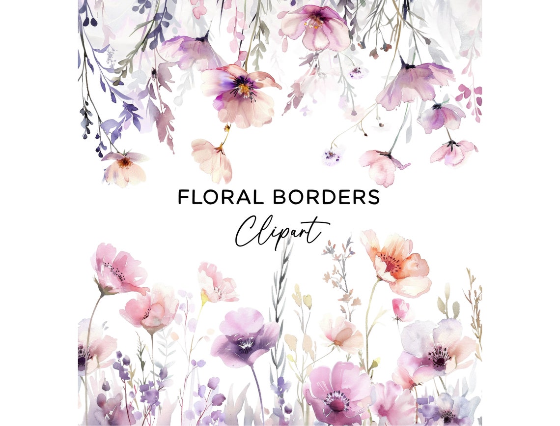 Wildflower Border Clipart Bundle, Blush Pink Purple Floral Drop Frame ...