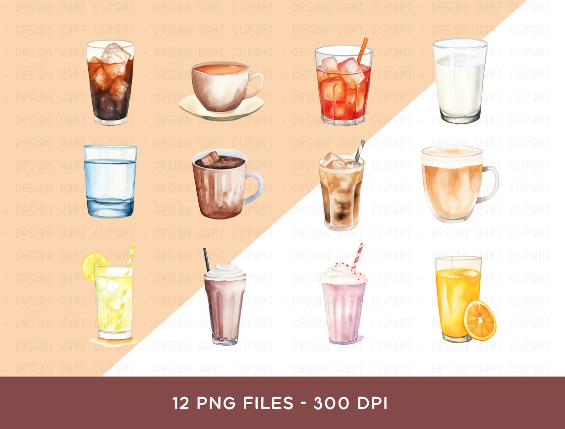 Drinks Clipart Bundle, Watercolor Coffee Juice Milkshake Soda Cola ...