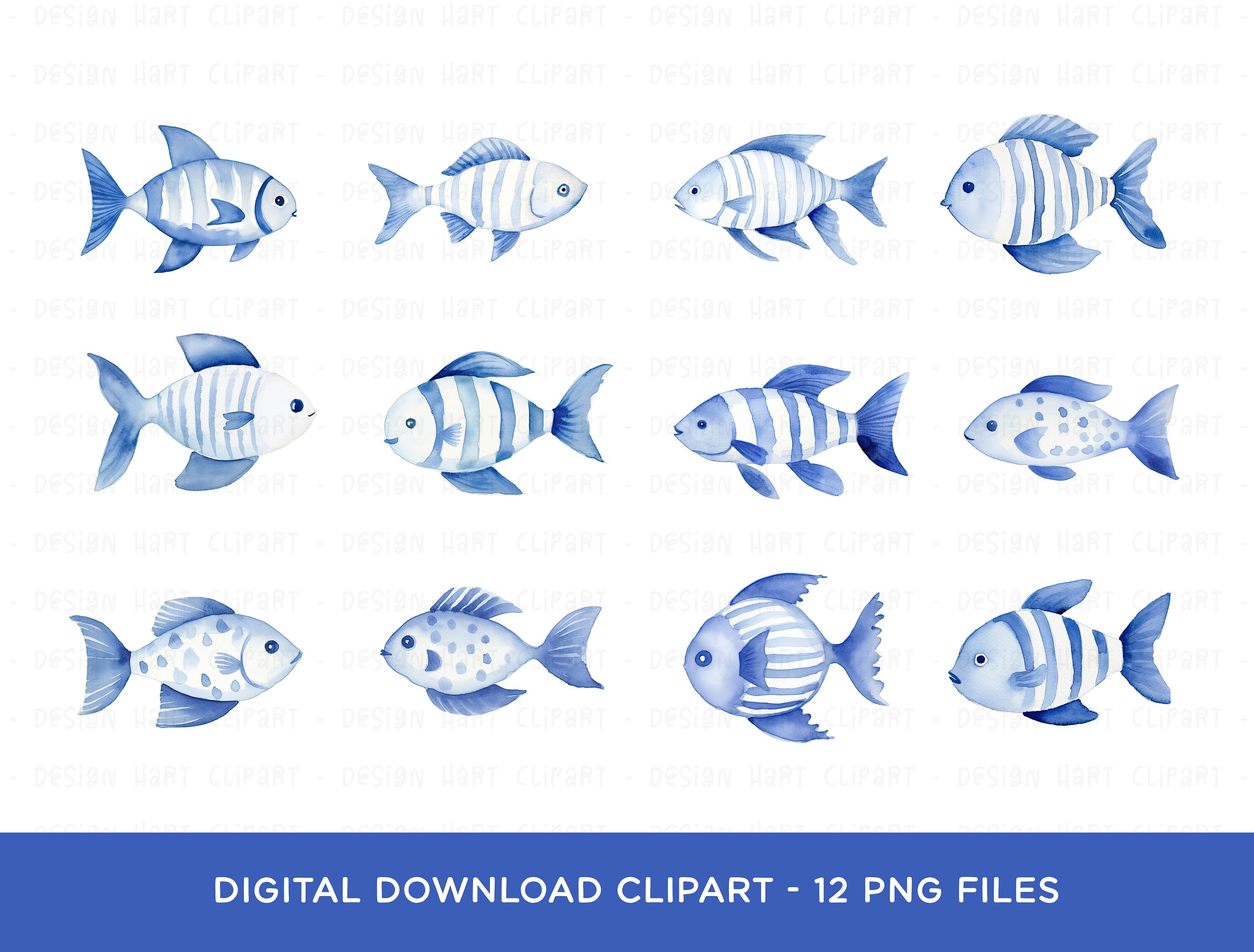 Blue Fish Clipart Bundle Watercolor Ocean Under the Sea Beach Clip Art ...