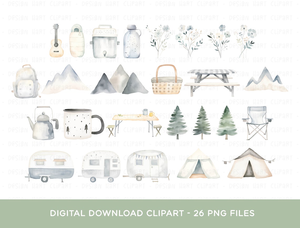 Camping Clipart Bundle, Camping Supplies Tent Caravan Camper Picnic ...
